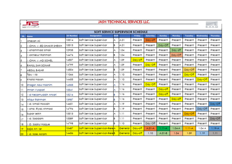Weekly Soft Service Supervisor Schedule | PDF