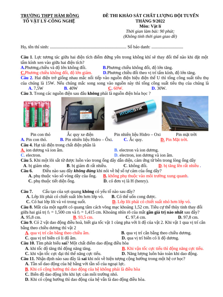 De KSCL HSG 12 Thang 9-2022 Môn Vật Lí.docsieuhay | PDF