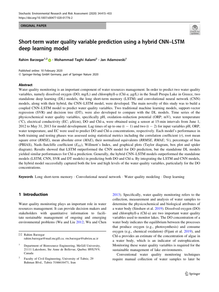 Short Term Water Quality Variable Prediction Using A Hybrid Cnn Lstm Deep Learning Model Pdf