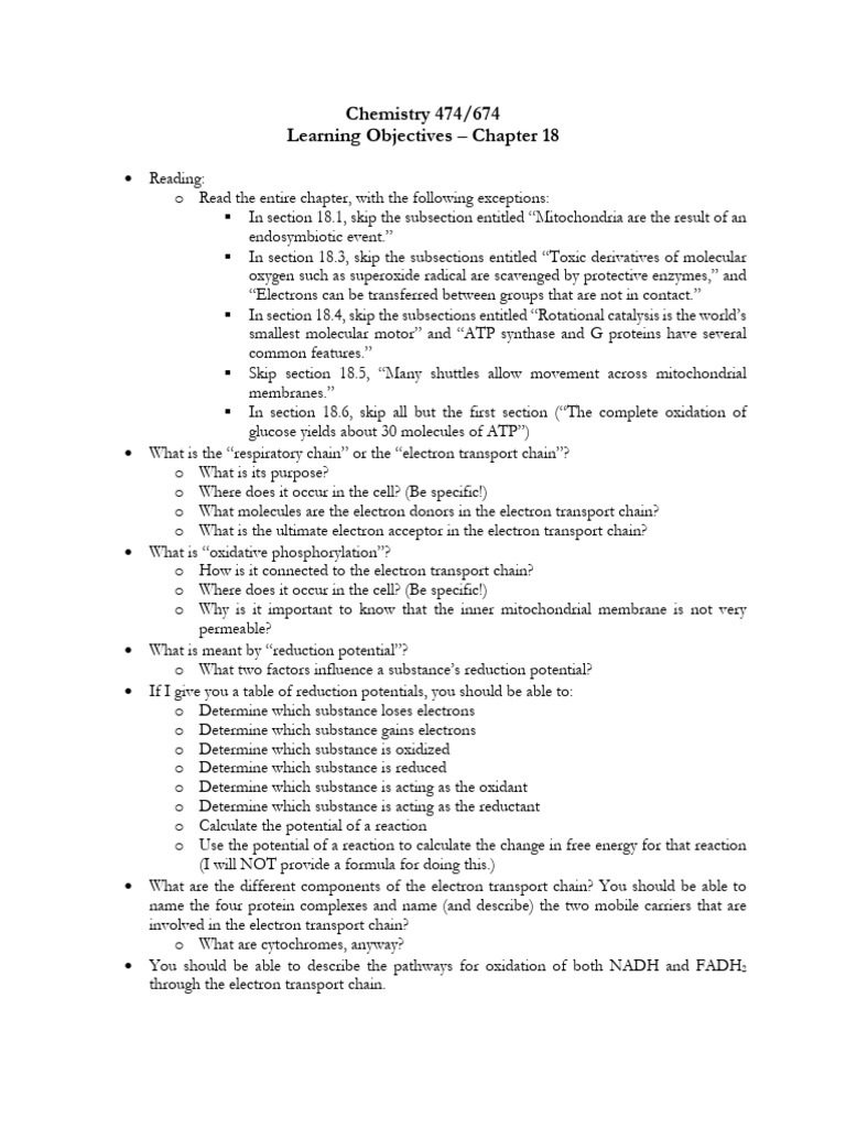 LJS CHEM474 674 Learning Objectives CH 18 | PDF | Electron Transport Chain | Adenosine Triphosphate