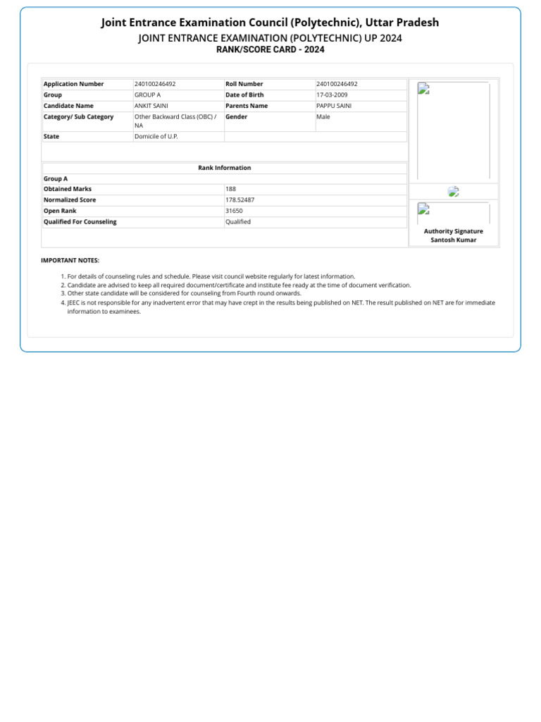 JEECUP 2024 Rank Score Card for Ankit Saini | PDF