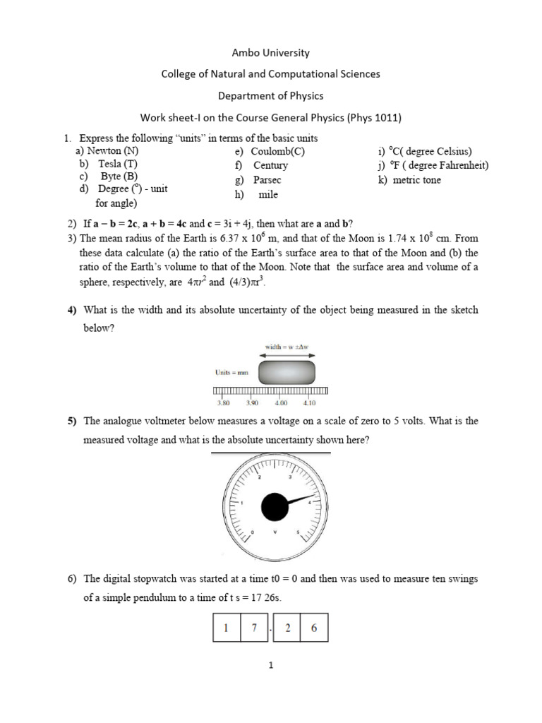 Updated-General Physics (Phys 1011) Worksheet I June - 2022 | PDF ...