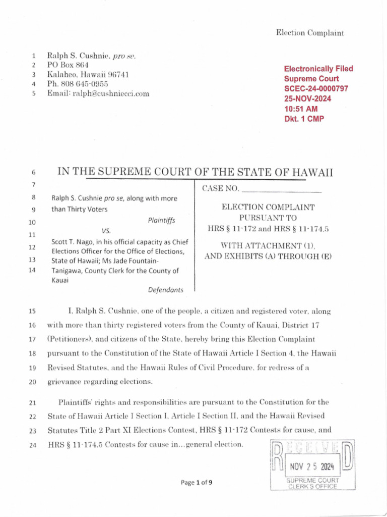 Cushnie Election Complaint COC of 25 Nov 2024 | PDF | Complaint | Pleading