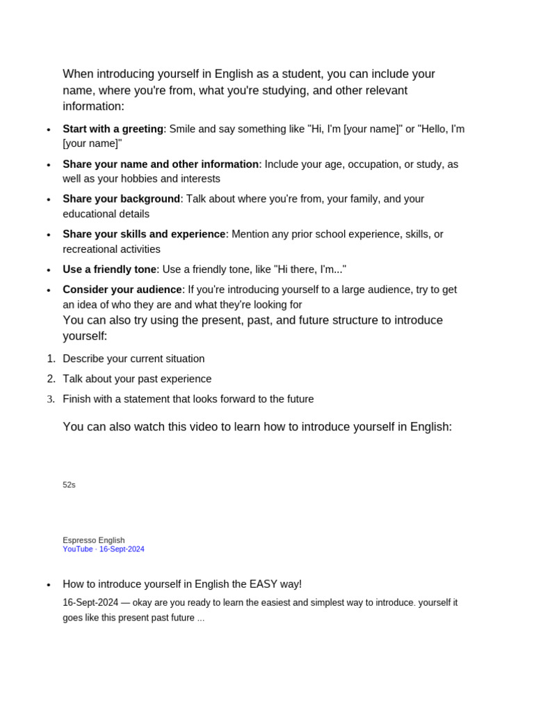 When Introducing Yourself in English As A Student | PDF | Cognition ...