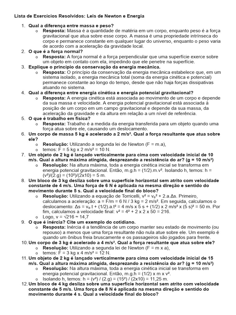 Lista de Exerc-Cios Resolvidos Leis de Newton e Energia | PDF | Massa ...