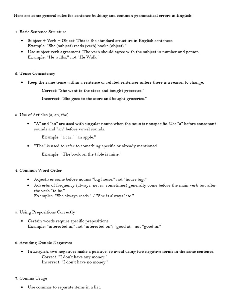 Here Are Some General Rules For Sentence Building and Common ...