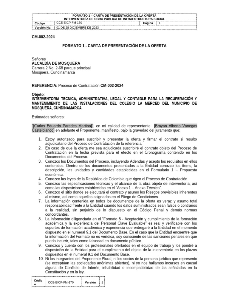 CCE-EICP-FM-170 Formato 1 Carta de Presentación de La Oferta Infraestructura Social V1 28-12 ...