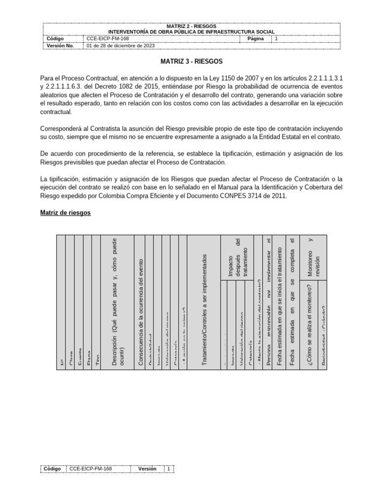 CCE-EICP-FM-168 Matriz 3 Riesgos Infraestructura Social V1 28-12-2023 | PDF | Daños y perjuicios ...