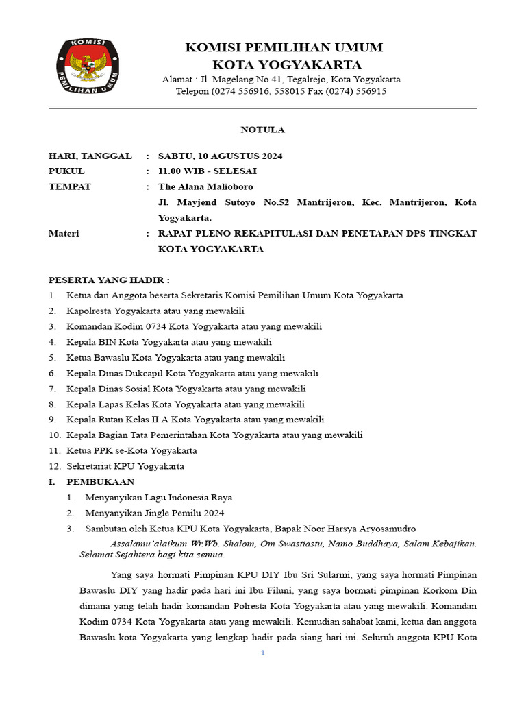 Rapat Pleno Penetapan DPS Yogya | PDF