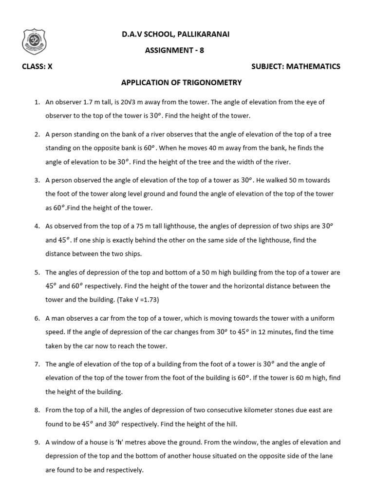 Class X Trigonometry Assignment | PDF