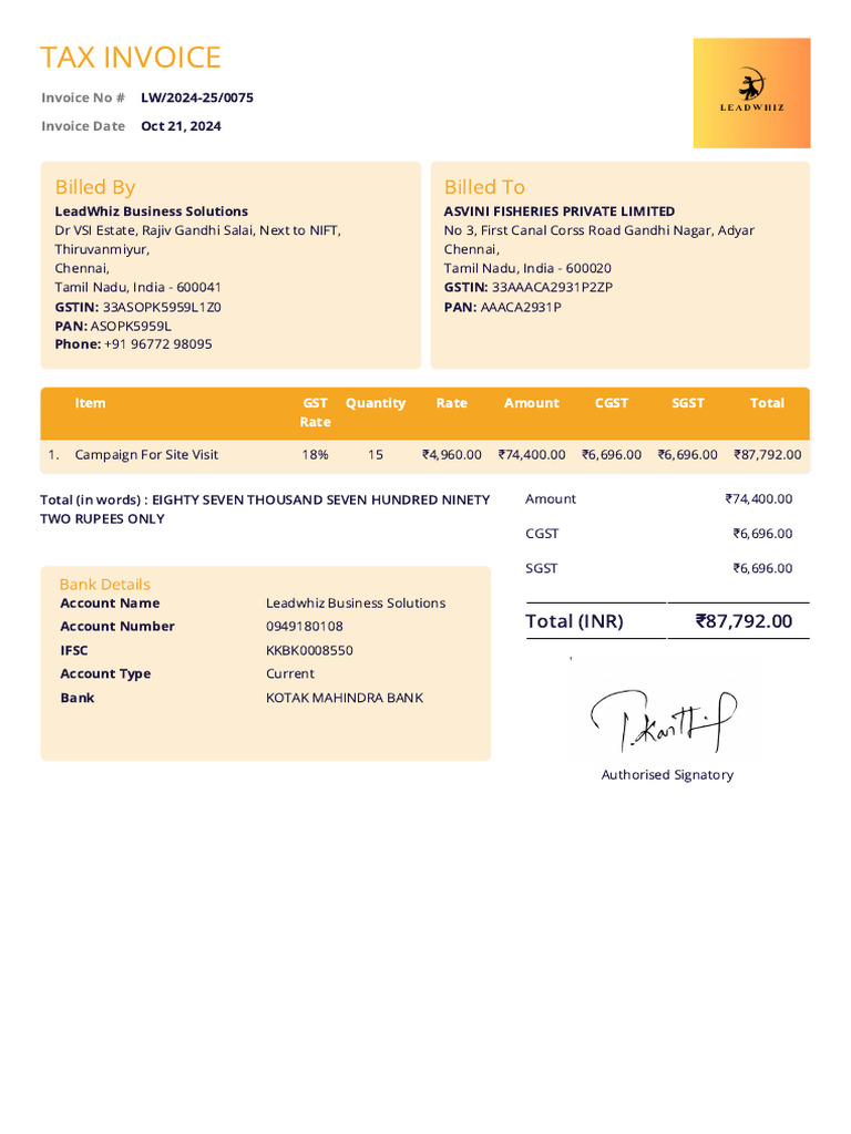 Invoice Lw2024 250075 Leadwhiz Business Solutions Asvini Fisheries Private Limited | PDF