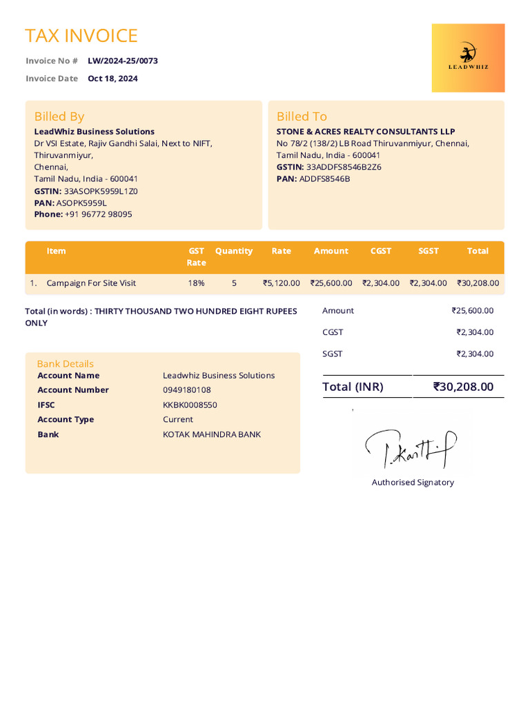 Invoice Lw2024 250073 Leadwhiz Business Solutions Stone and Acres ...