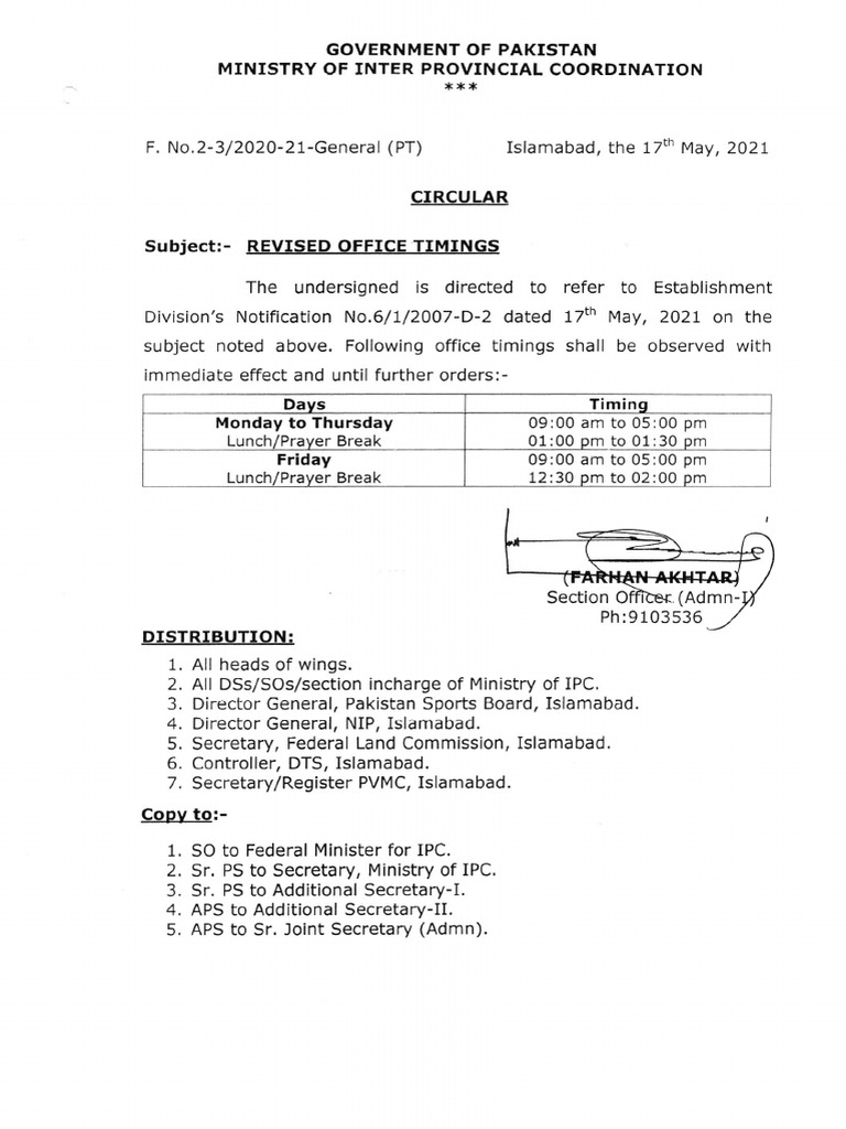 Circular (Revised Office Timings) 17-5-2021 | PDF
