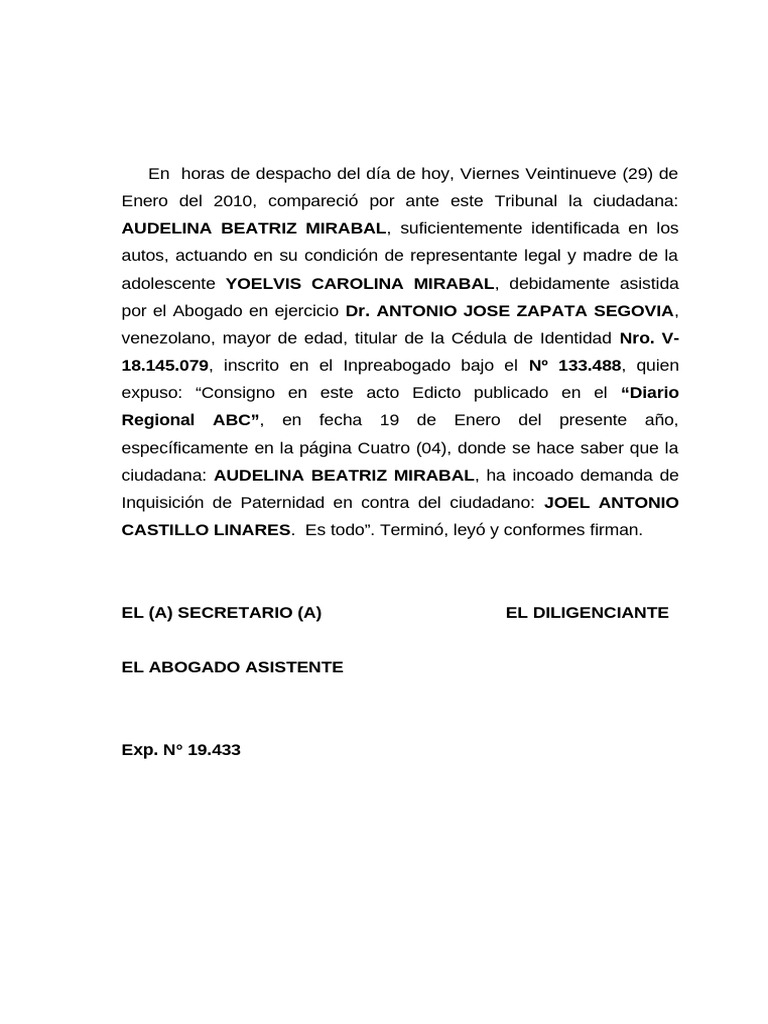 Diligencia (Consignación de Cartel AUDELINA | PDF