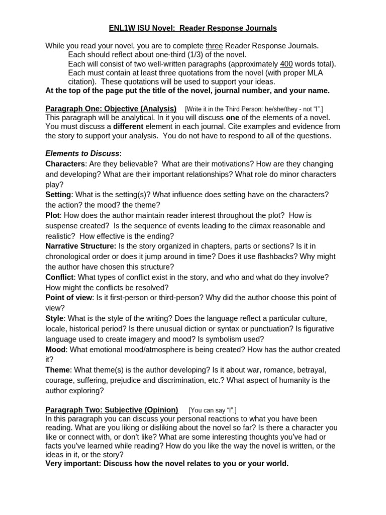 Reader Response Journals for Novels | PDF | Plot (Narrative) | Information
