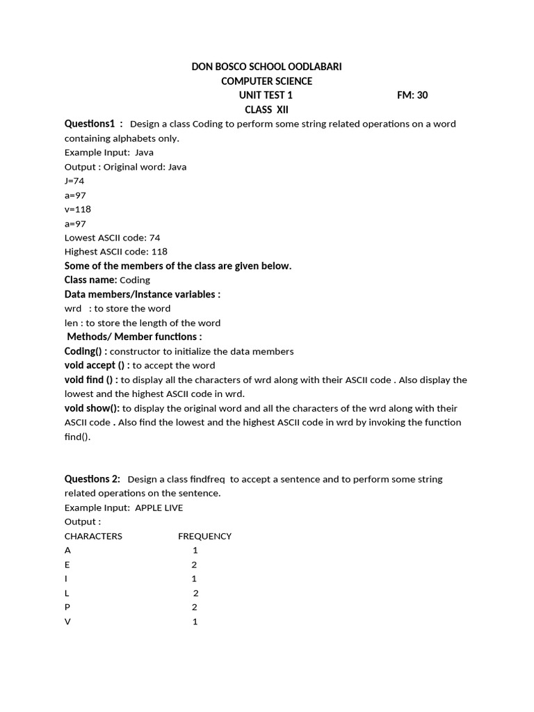 Class 12 Unit Test 1 Computer Science Pdf String Computer Science Constructor Object 