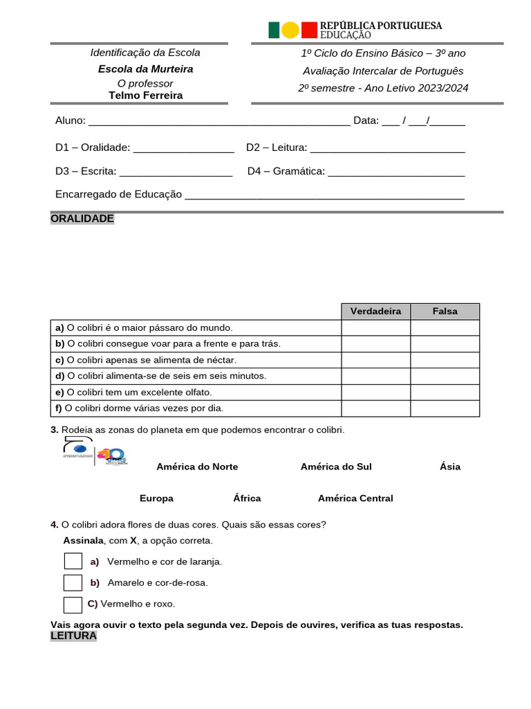 Ficha Avaliação 2 Intercalar Português | PDF | Sílaba | Vírus