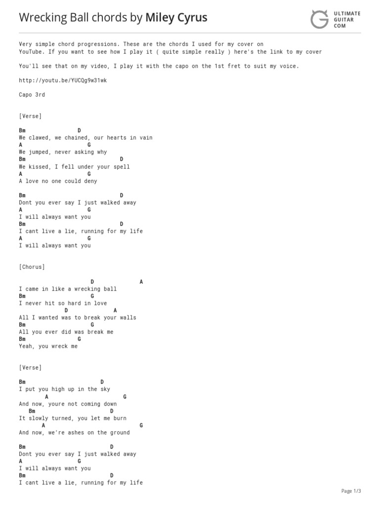 Wrecking Ball Chords by Miley Cyrustabs at Ultimate Guitar Archive ...