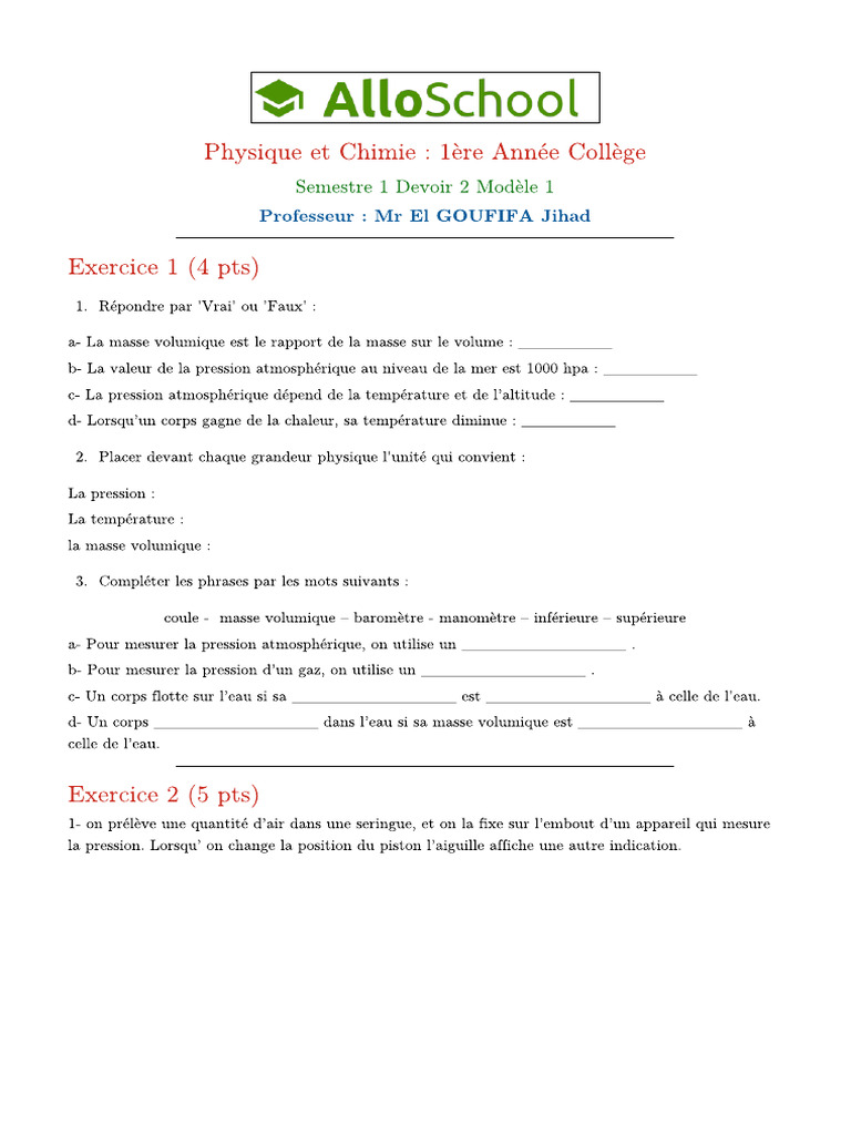 PC 1ac Semestre 1 Devoir 2 Modele 1 1 | PDF