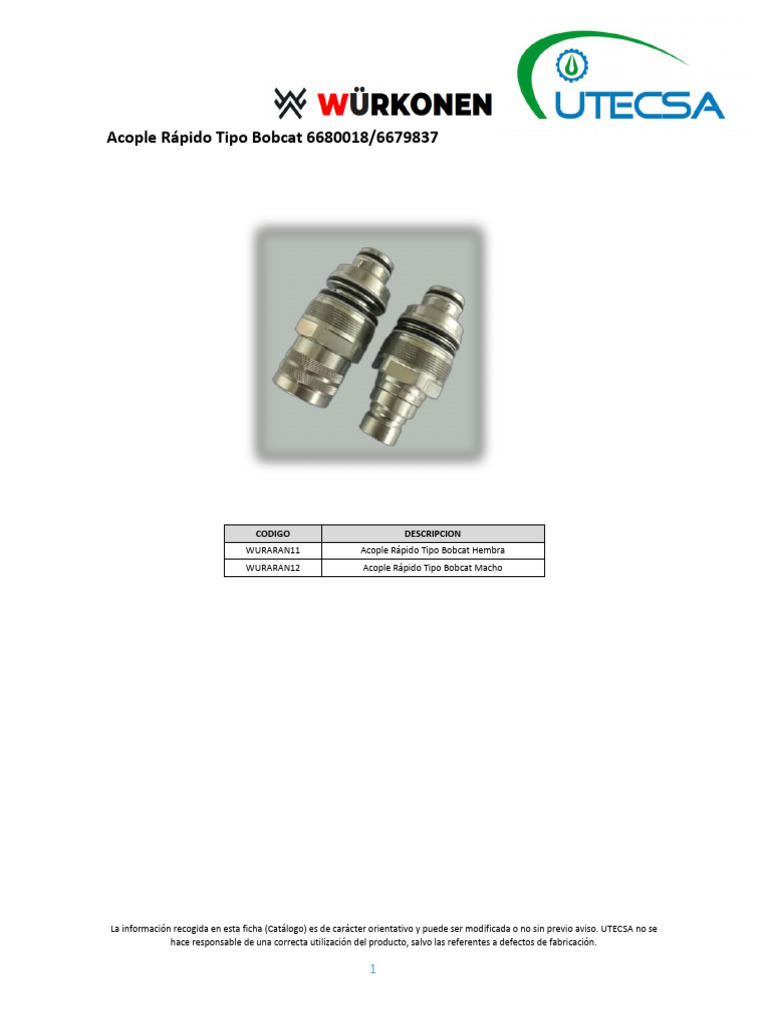 Ficha Tecnica Acople Rapido Tipo Bobcat 6680018 6679837 | PDF