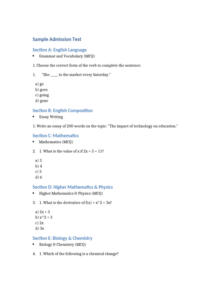 Sample Admission Test | PDF