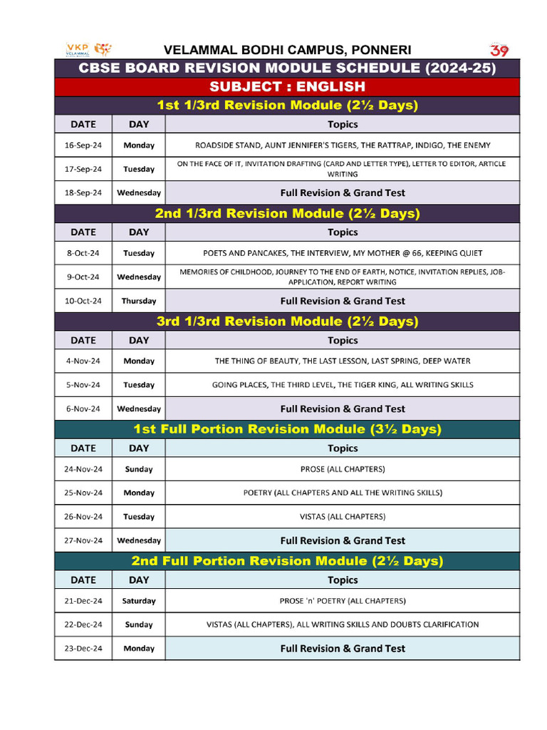 XII - CBSE Board Revision Subject Wise Schedule 2024-25 | PDF