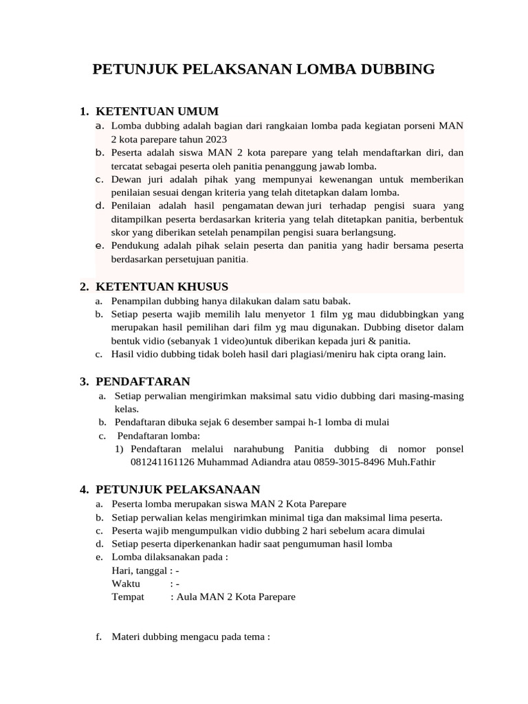 Petunjuk Lomba Dubbing MAN 2 Parepare | PDF