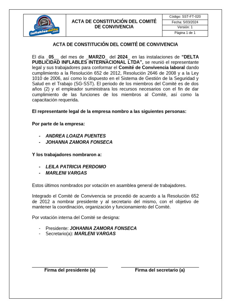 SST-FT-020 Formato Acta de Constitución Del Comité de Convivencia Laboral | PDF