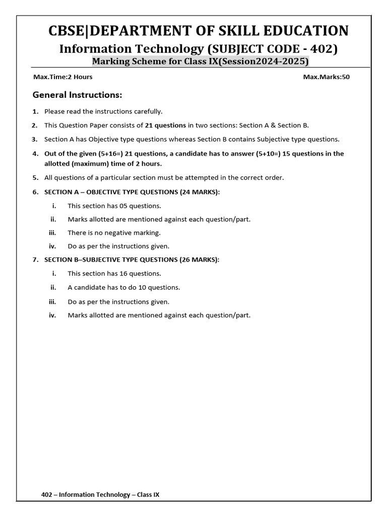 Class IX IT Question Paper 2024-2025 | PDF | Entrepreneurship | Spreadsheet