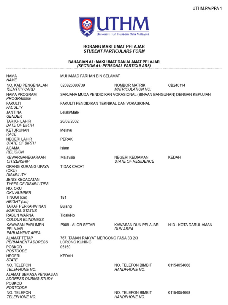 Borang Maklumat Pelajar | PDF
