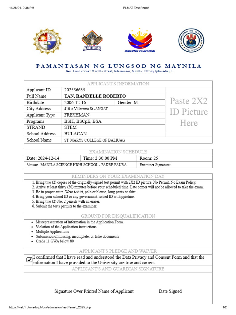 PLMAT Test Permit | PDF
