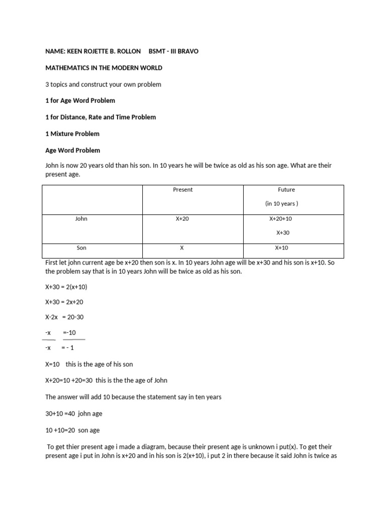 How To Solve: Age Word Problem, Mixture Problem and Distance, Rate and Time Problem | PDF ...