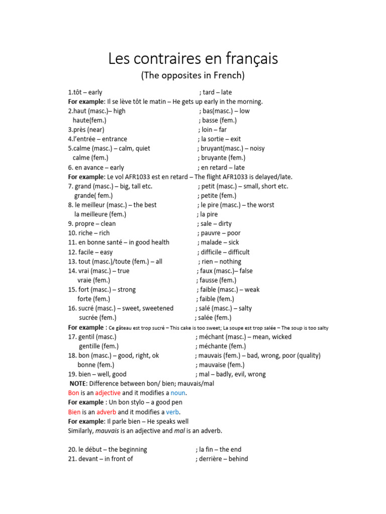 Les contraires en français : guide complet | PDF