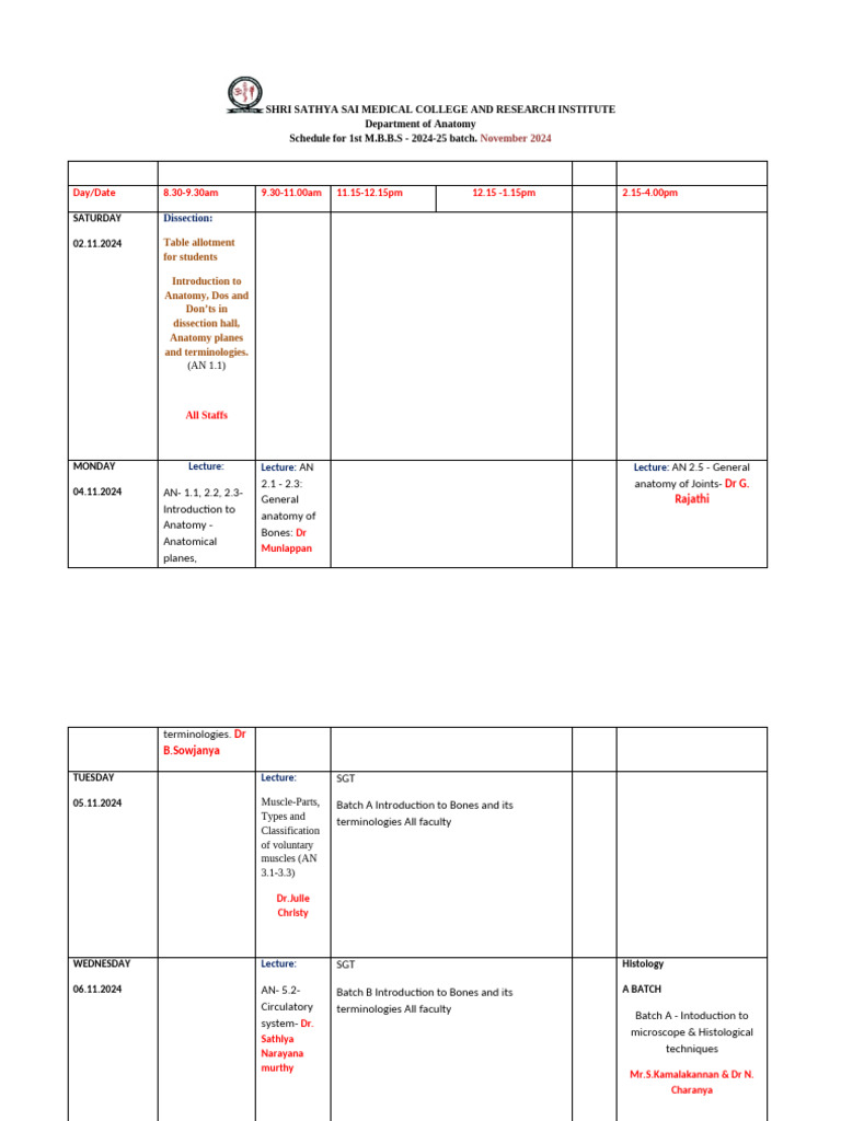 I MBBS November 2024 Schedule-1 | PDF | Musculoskeletal System | Human Anatomy