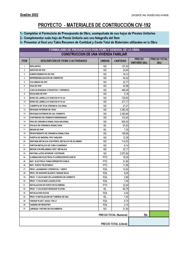 PROYECTO - Presupuesto de Obra | PDF | Elementos arquitectónicos | Materiales