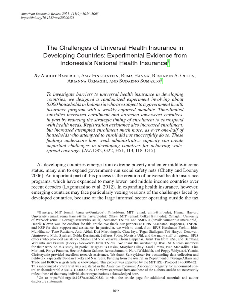 Banerjee Et Al 2021 The Challenges of Universal Health Insurance in ...