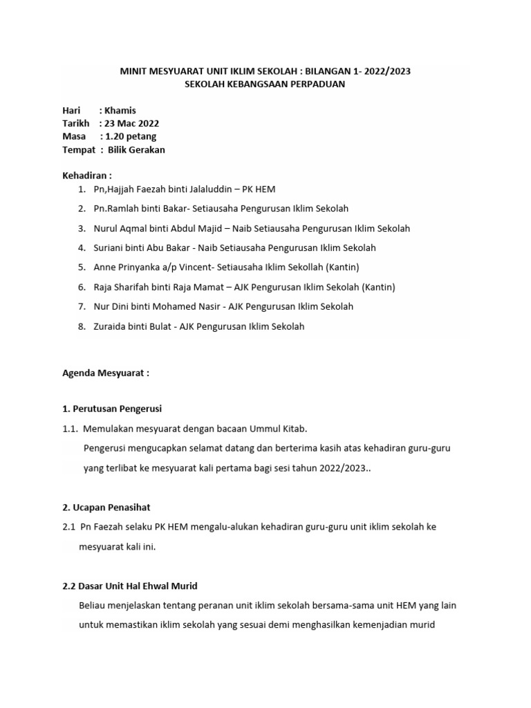 Contoh Dari Goe Minit Mesyuarat Unit Iklim Sekolah | PDF
