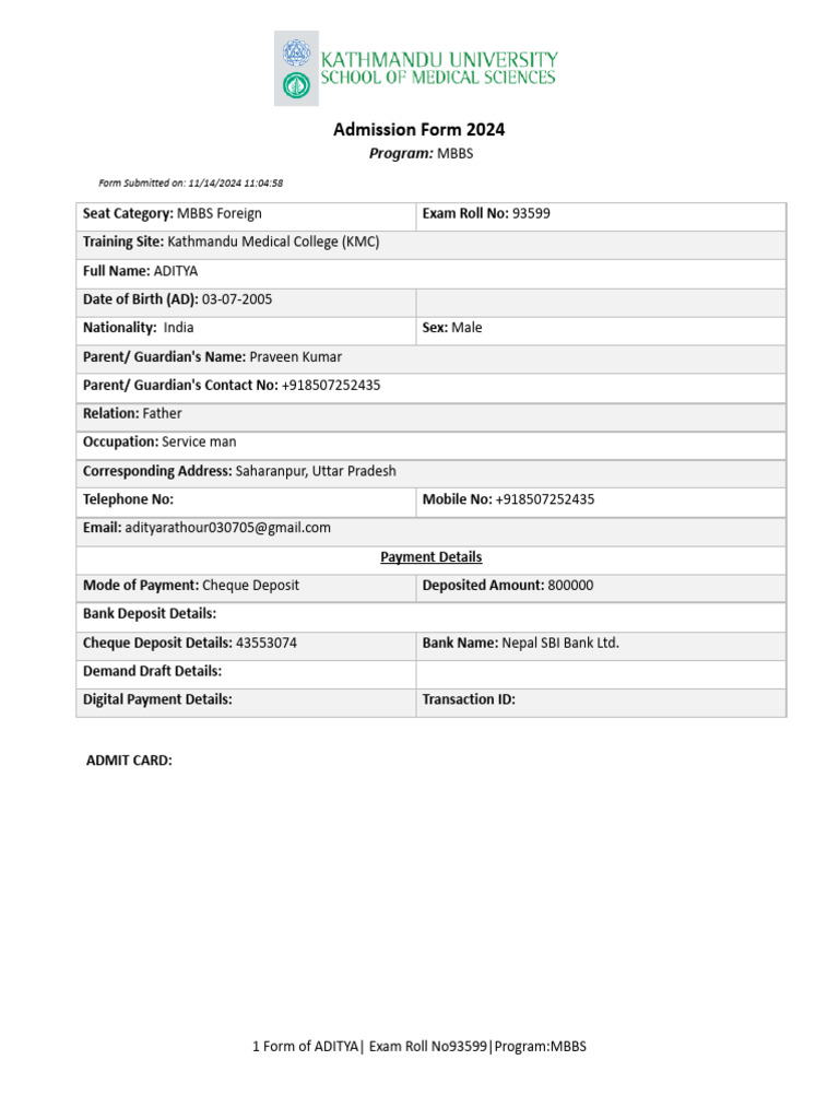 MBBS Admission Form 2024 - Aditya | PDF
