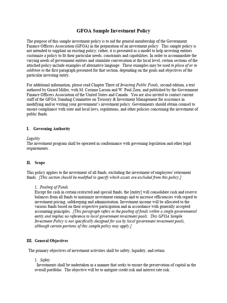 GFOA Investment Policy Template Guide | PDF | Securities (Finance ...