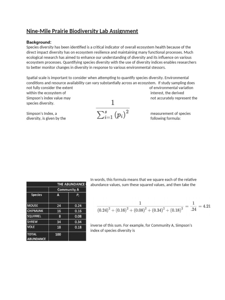 Nine-Mile Prairie Worksheet-Simpson's Diversity Index | PDF ...