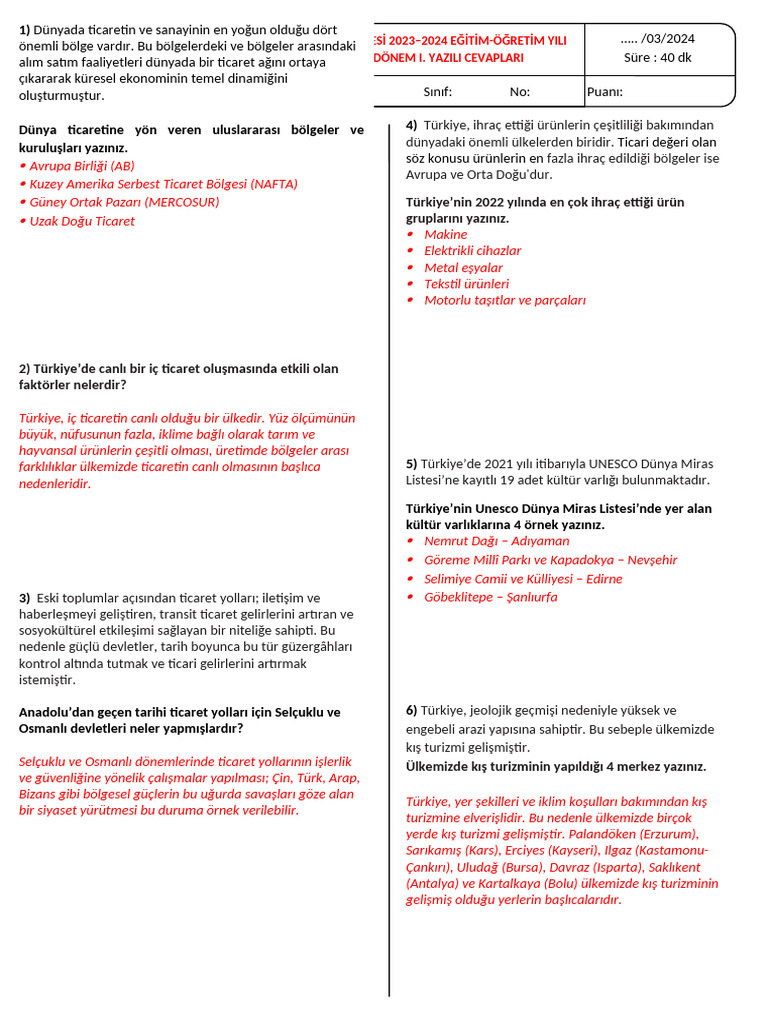 12 Sinif 2 Donem 1 Yazili Cevap Anahtari 2024 | PDF