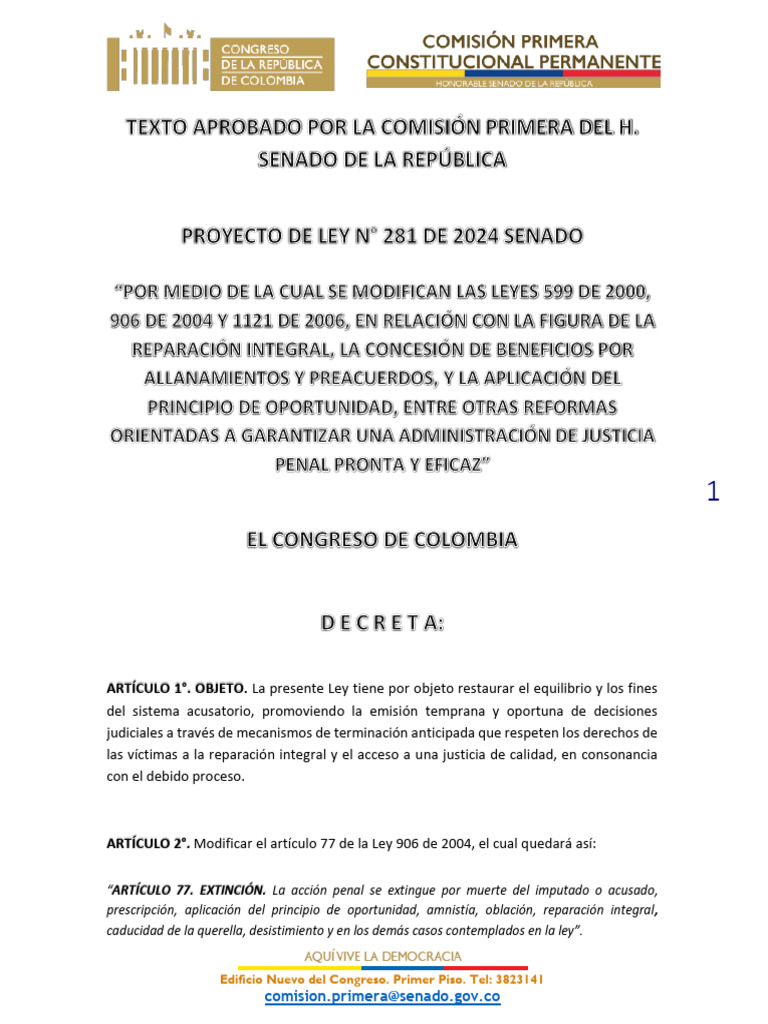 Texto Aprobado PL 281-24S Reforma A La Administración de Justicia CPP | PDF | Castigos | Justicia