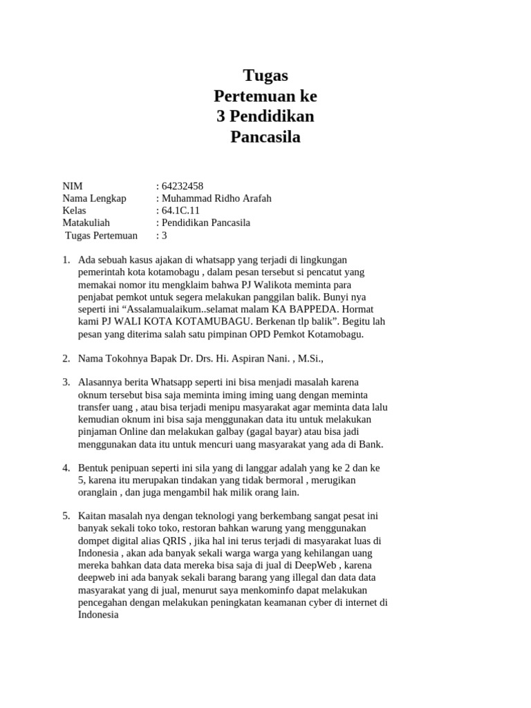 Tugas Individu Pendidikan Pancasila Manajemen Muhammad Ridho Arafah 64.1C.11 P3 | PDF