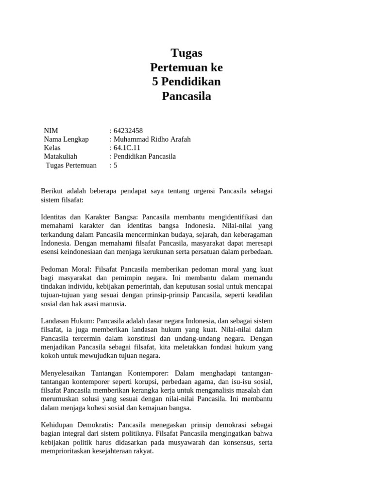 Tugas Individu Pendidikan Pancasila Manajemen Muhammad Ridho Arafah 64.1C.11 P5 | PDF