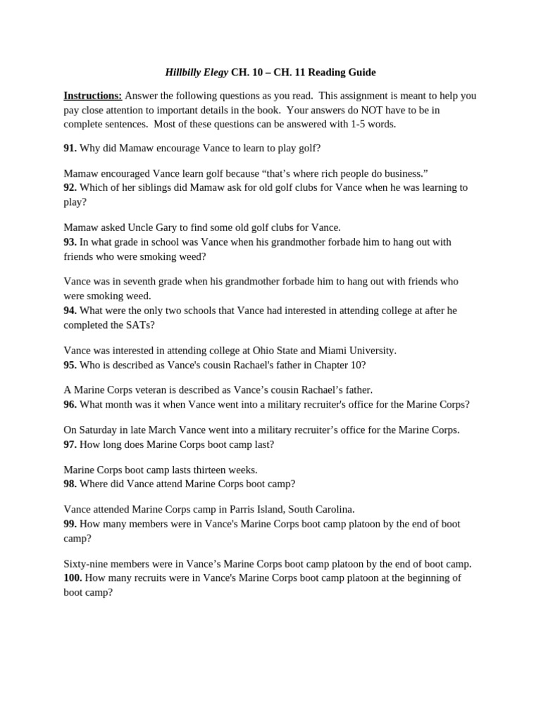 Hillbilly Elegy CH 10 To CH 11 Reading Guide | PDF