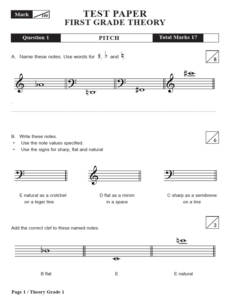 Grade 1 Music Theory Test Paper | PDF | Scale (Music) | Musicology