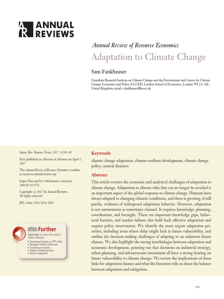 Adaptation To Climate Change: Annual Review of Resource Economics | PDF ...