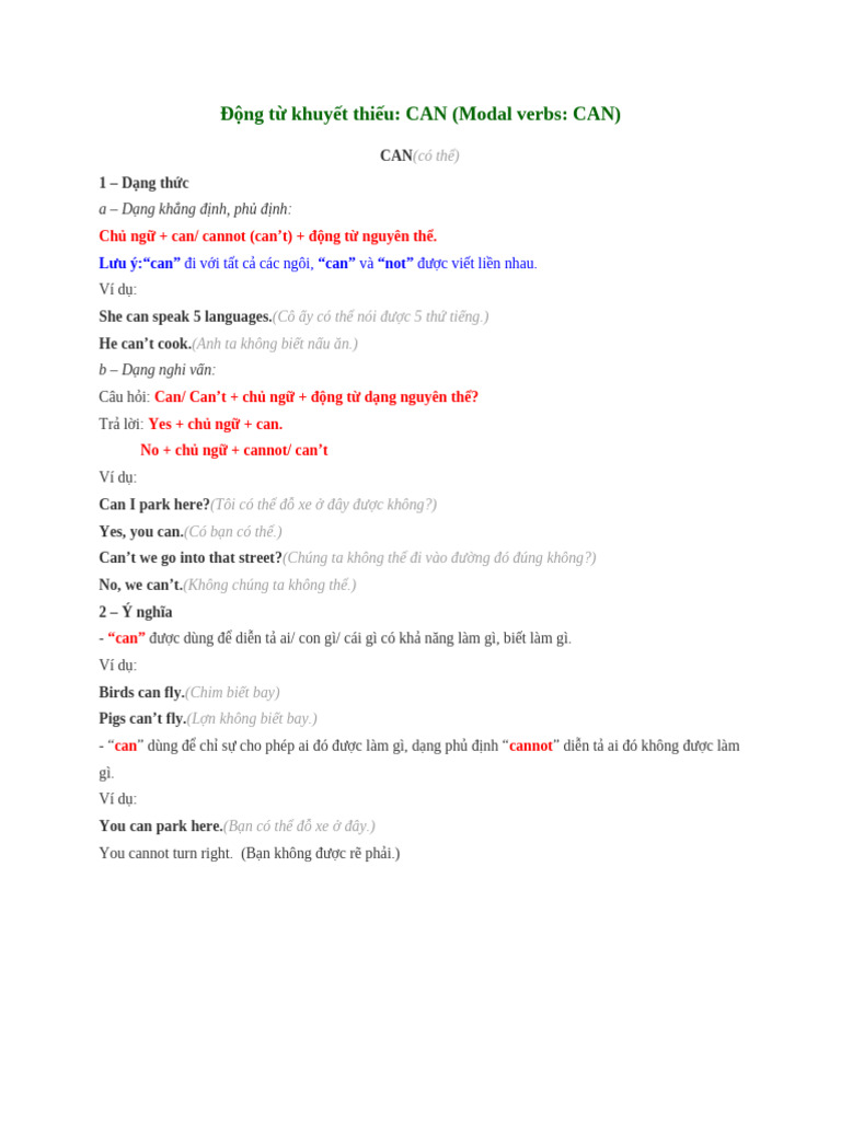Động từ khuyết thiếu: CAN (Modal verbs: CAN) | PDF