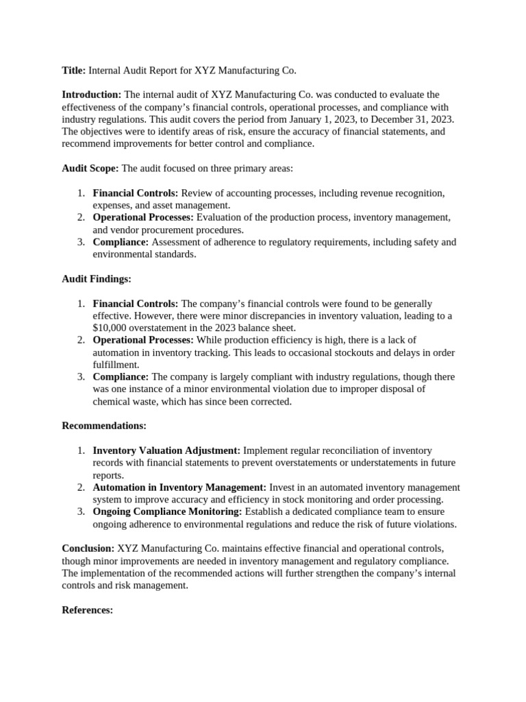 Internal Audit Insights for XYZ Manufacturing | PDF | Regulatory ...