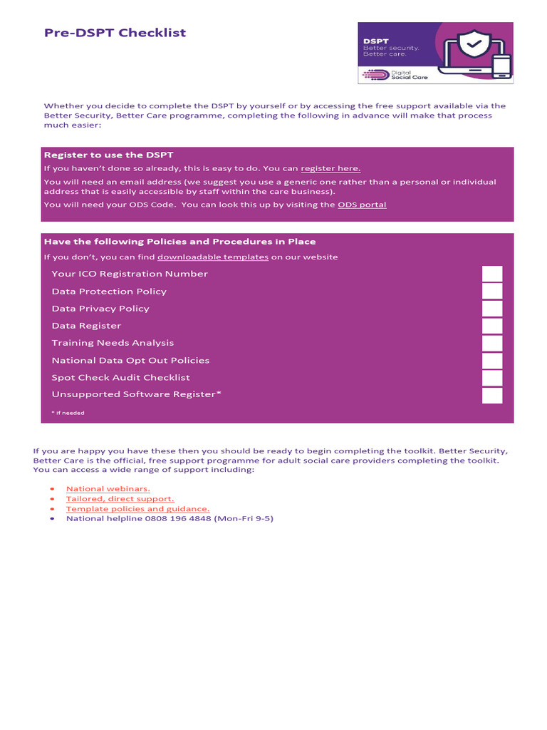 Pre DSPT Checklist | PDF
